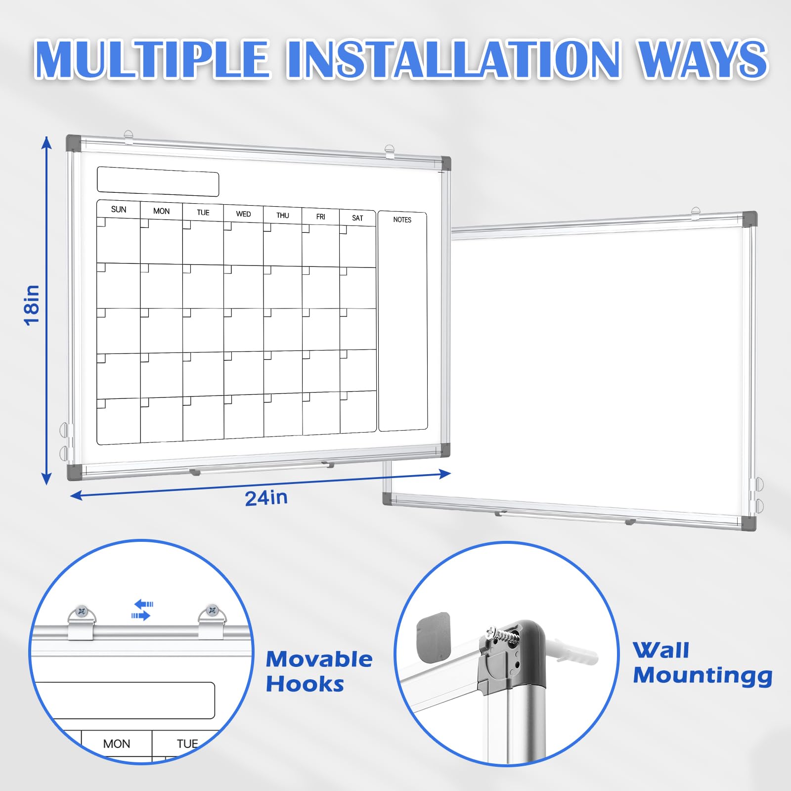 Monthly Calendar Dry Erase Whiteboard for Wall, 24" x 18" Magnetic Calendar White Board, Double-Sided Portable Board for Office, Kitchen, School, Home