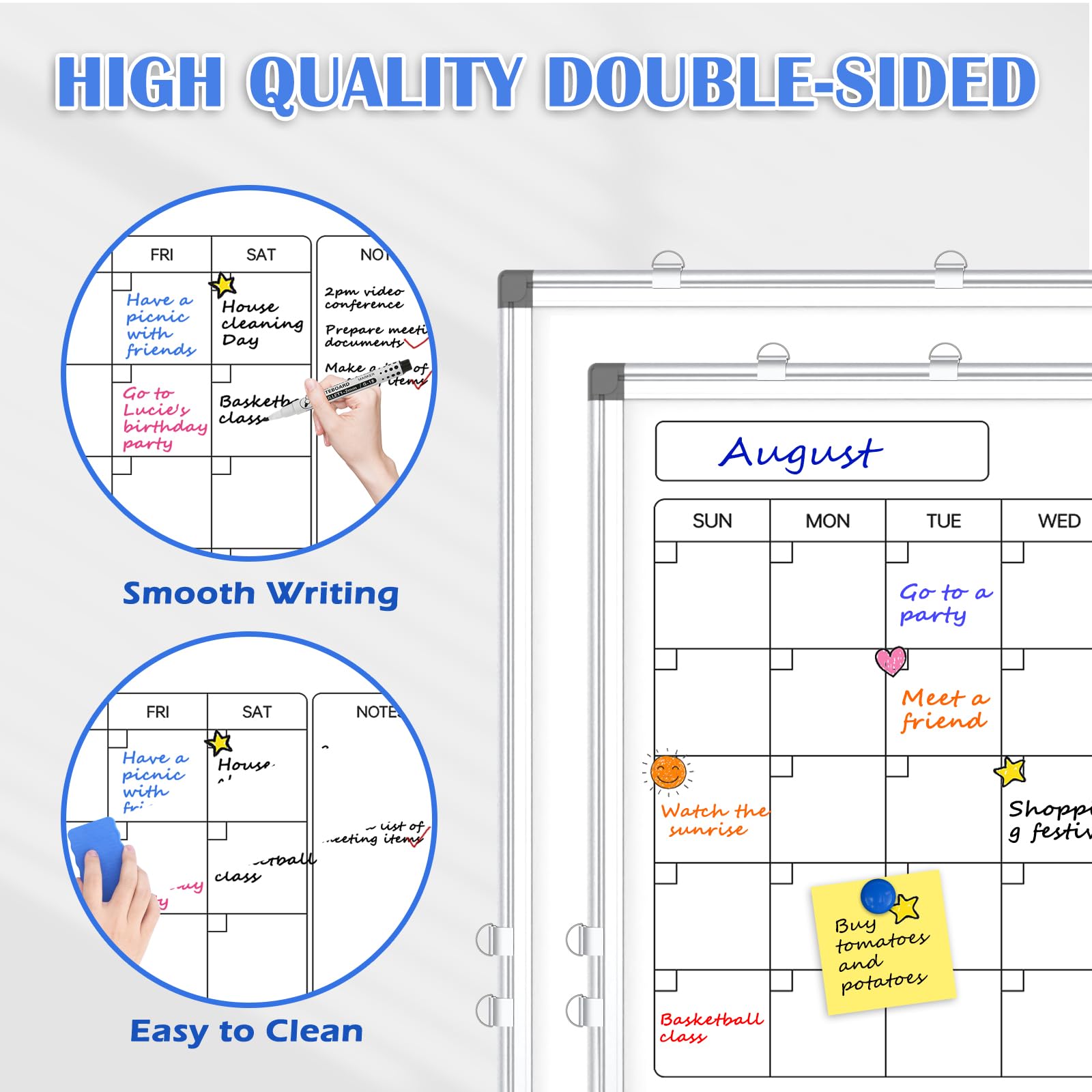 Monthly Calendar Dry Erase Whiteboard for Wall, 24" x 18" Magnetic Calendar White Board, Double-Sided Portable Board for Office, Kitchen, School, Home