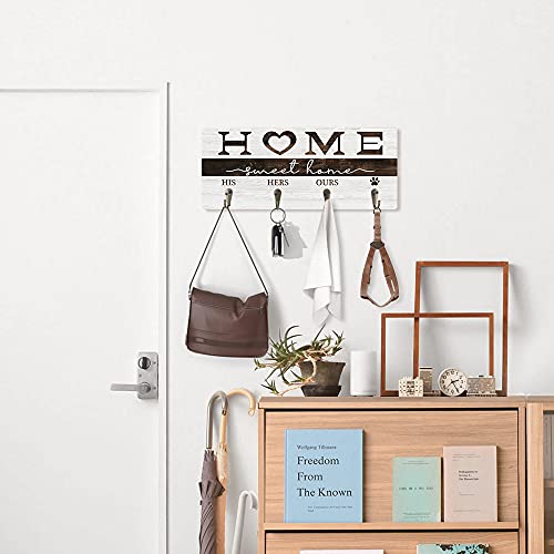 CHDITB Rustic Home Sweet Home Wooden Key Holder(13.4βx5.5β), His Hers Ours Wall-Mounted Key Rack with 4 Hooks, Decorative Wood Sign Key Hanger Home Decor for Wall Entryway Hallway Housewarming Gift