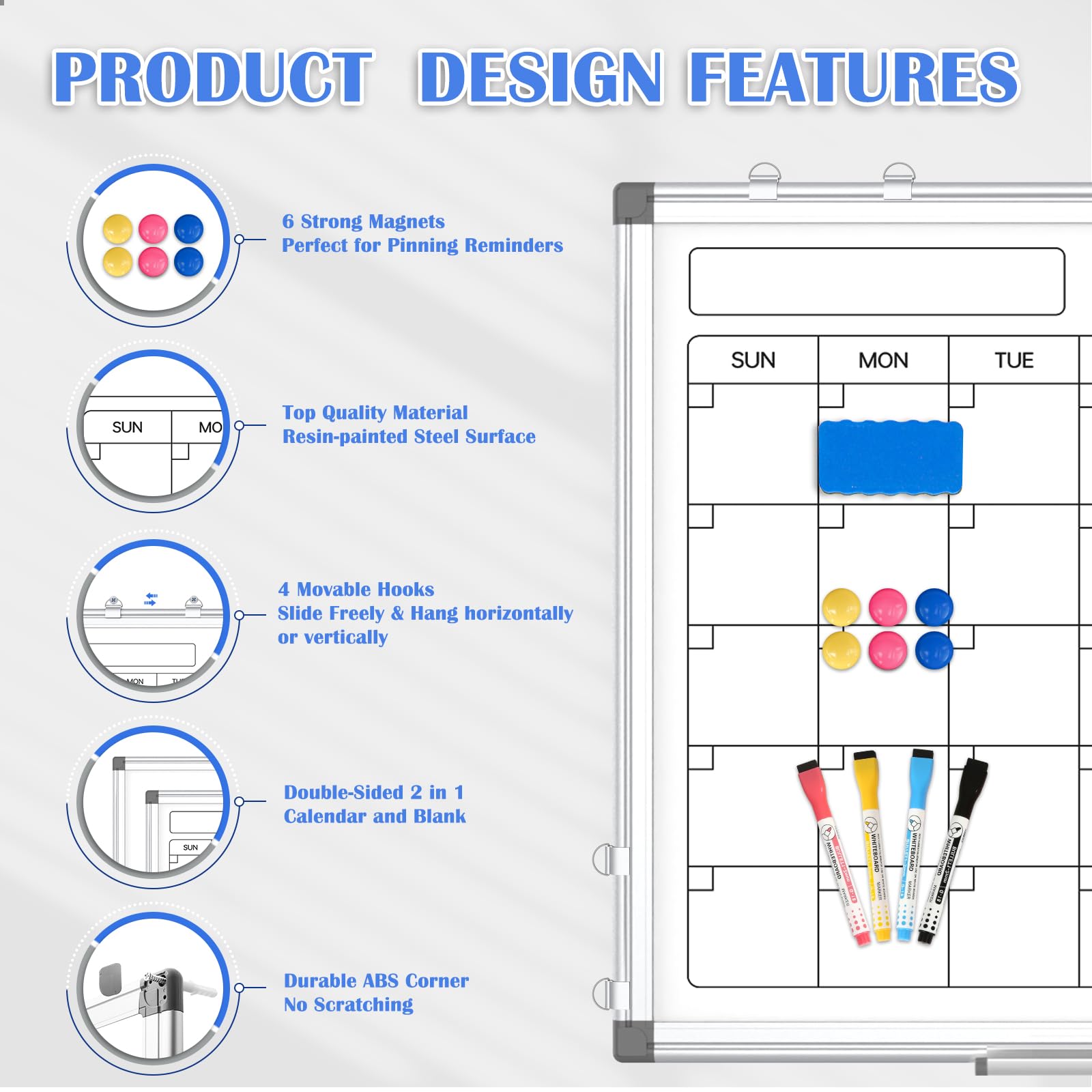 Monthly Calendar Dry Erase Whiteboard for Wall, 24" x 18" Magnetic Calendar White Board, Double-Sided Portable Board for Office, Kitchen, School, Home