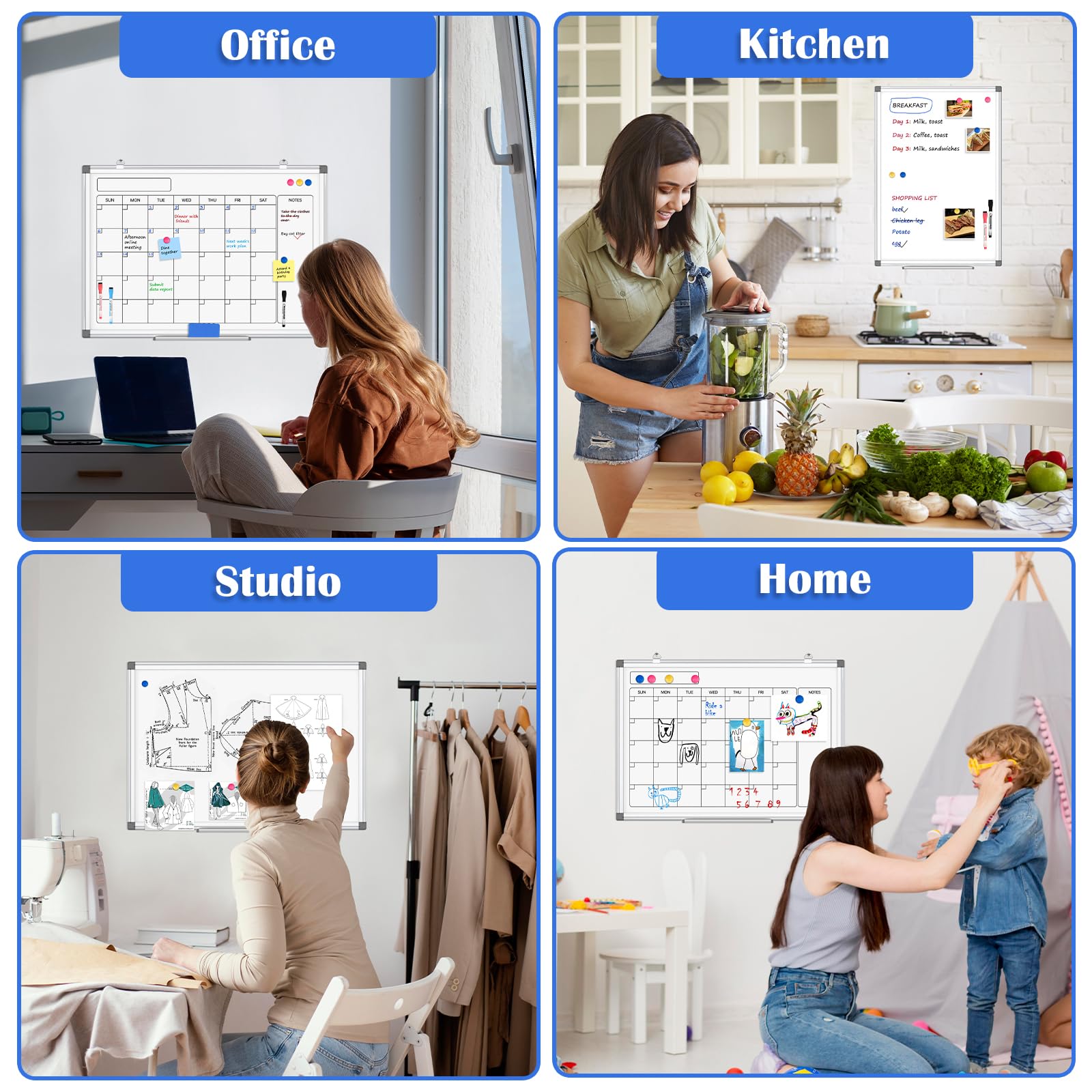 Monthly Calendar Dry Erase Whiteboard for Wall, 24" x 18" Magnetic Calendar White Board, Double-Sided Portable Board for Office, Kitchen, School, Home