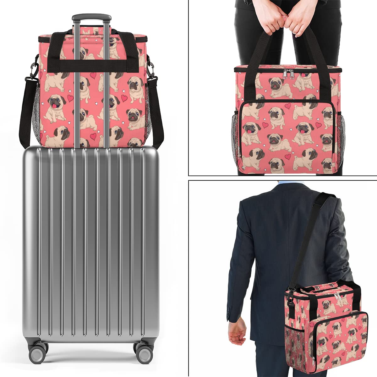 Pink Dog Pugs Puppies Coffee Maker Carring Bag Travel Storage Tote Bag Compatible with Keurig K-Mini or K-Mini Plus Portable Single Serve Coffee Brewer Case with Pockets for K-cup Pods
