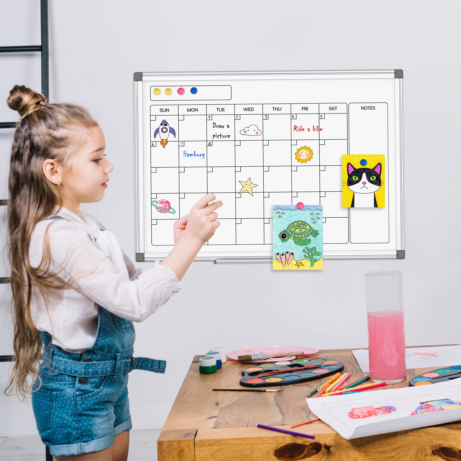 Monthly Calendar Dry Erase Whiteboard for Wall, 24" x 18" Magnetic Calendar White Board, Double-Sided Portable Board for Office, Kitchen, School, Home