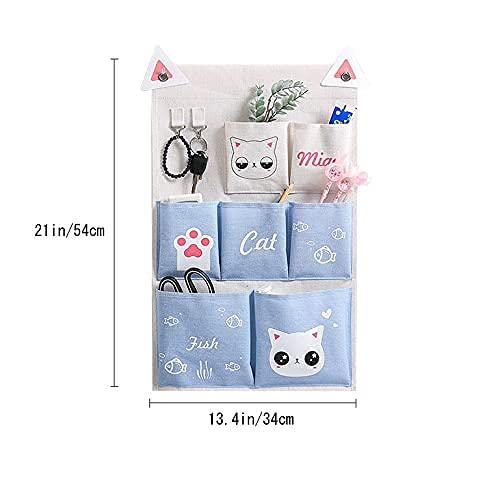 MIMOMA Wall Hanging Storage Bag,Over The Door Organizer Pocket,7 Pockets Premium Linen Fabric Pouches for Closet,Living Room,Bedroom,Bathroom (Cat)