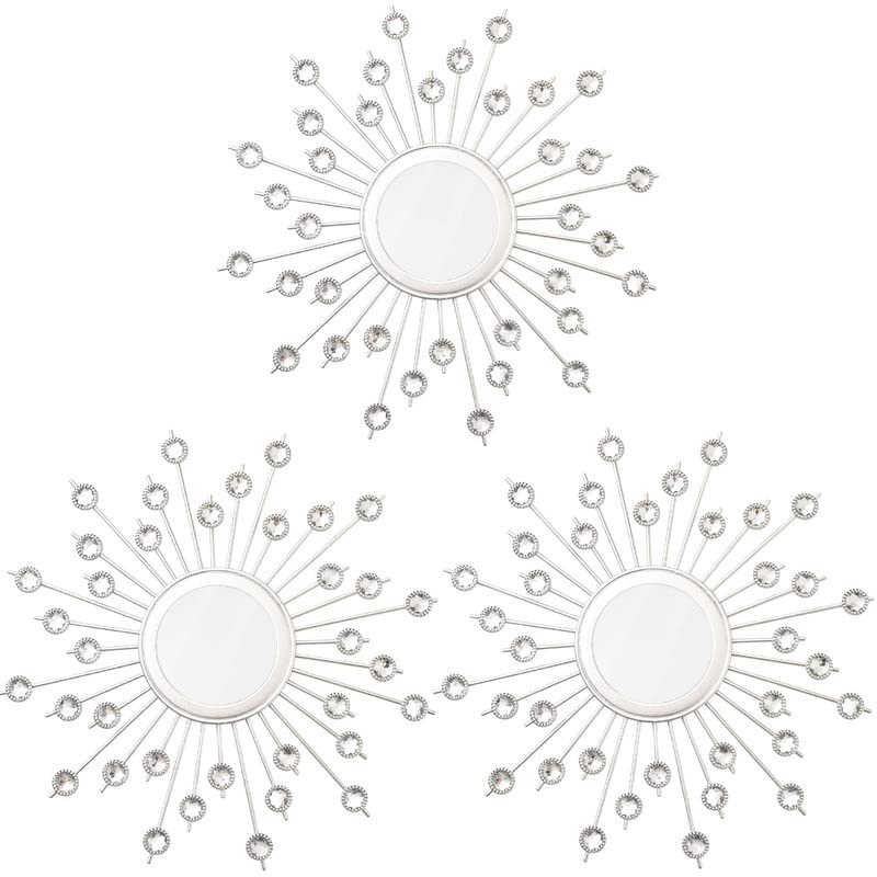 3 Pack Acrylic Burst Wall Mirror Metal Faux Diamonds Mirrors Bling Home Decorative Hanging Wall Art for Living Room Bedroom-Sliver