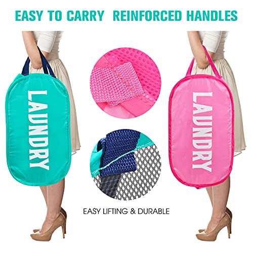 Popup Laundry Hamper, 2 Pack Mesh Hampers for Laundry Collapsible Laundry Basket with Side Pocket Durable Carry Handles Great Laundry Hambers for Kids Room, College Dorm or Travel (Pink + Blue)