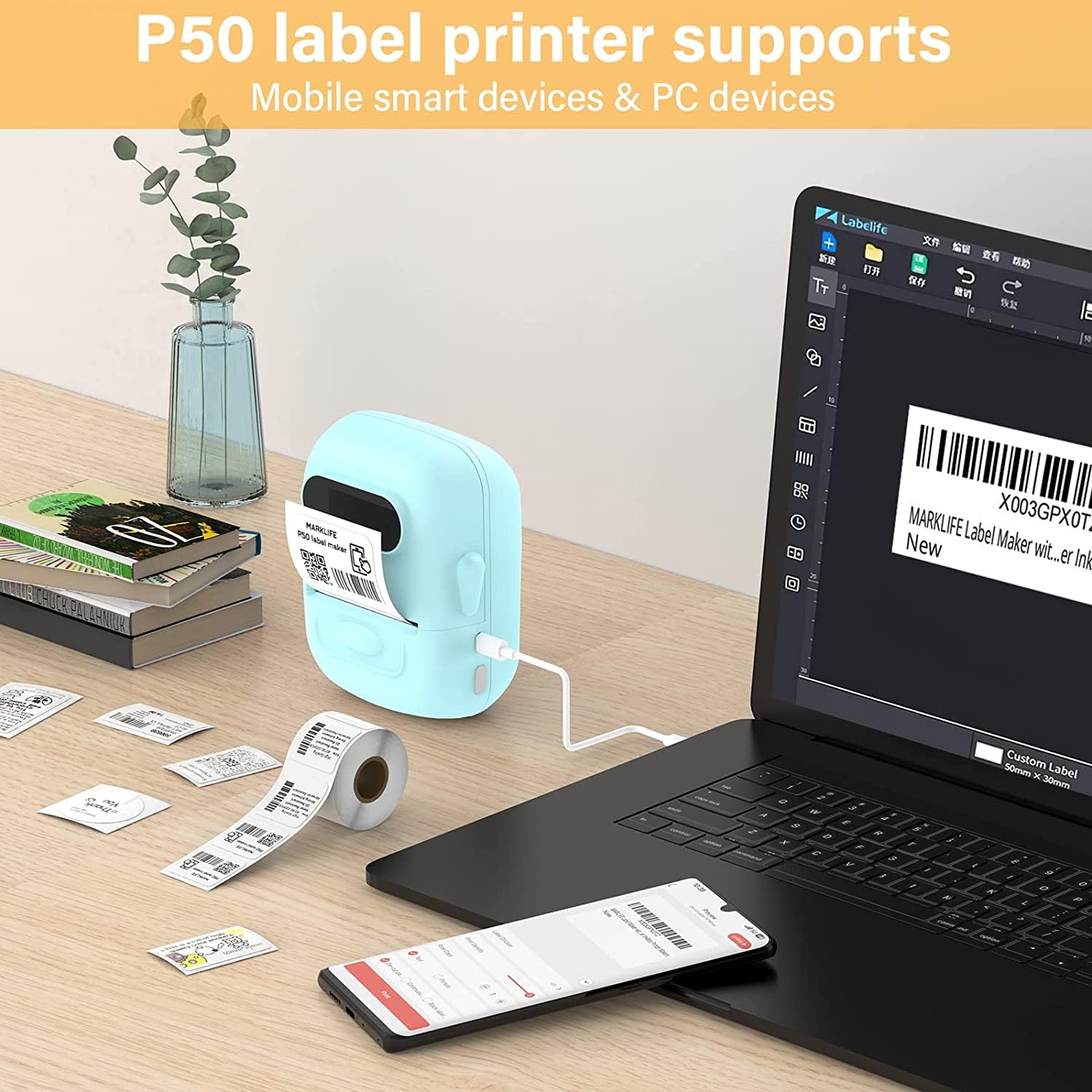 MARKLIFE Label Maker Machine with Tape Barcode Label Printer - Mini Portable Bluetooth Thermal Labeler for Address Clothing Jewelry Retail Barcode Small Business Home Office Compatible Phones &PC