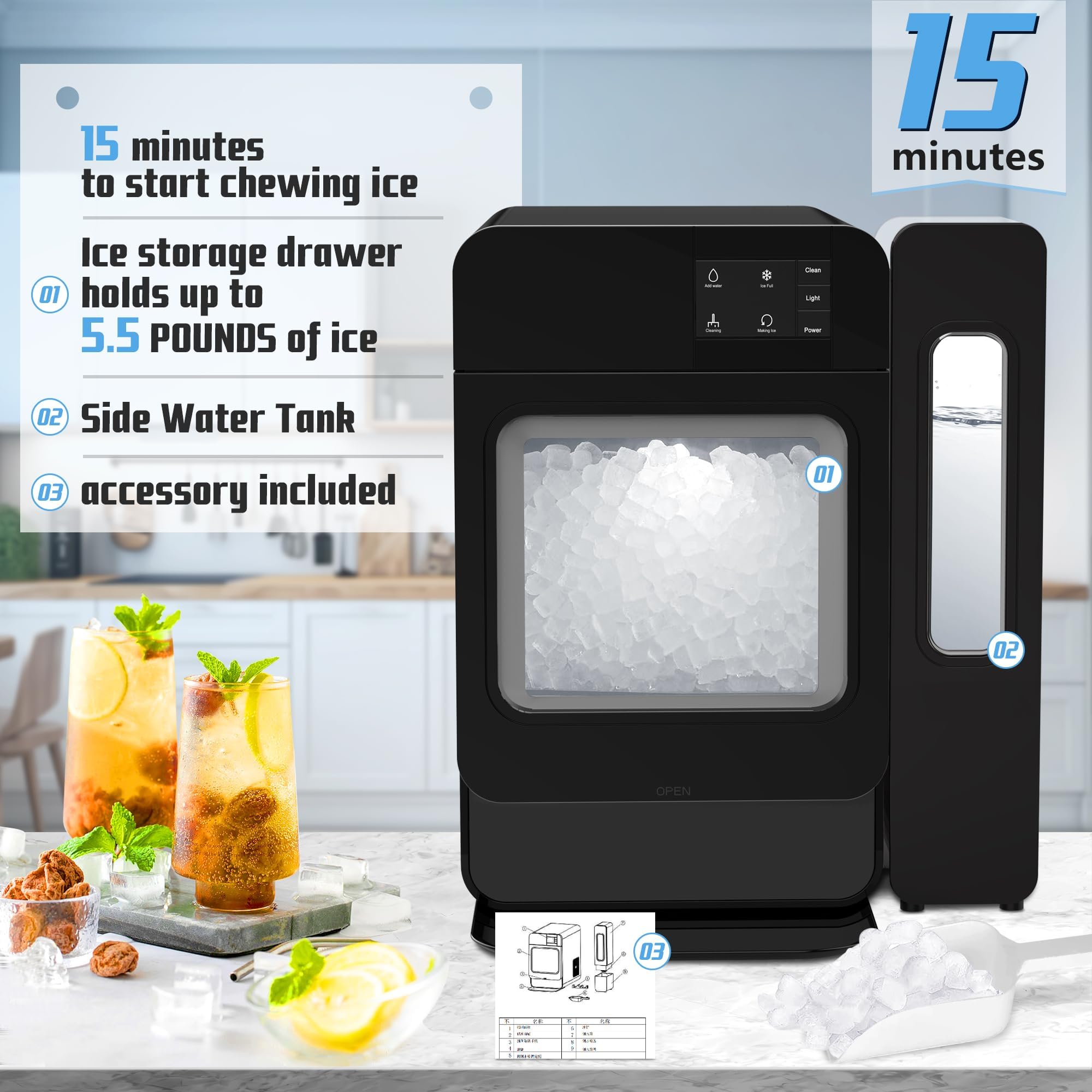 ICEVOKE Countertop Nugget Ice Maker, Portable Ice Machine 33 lbs/Day Chewable Ice with Self-Cleaning & Auto Water Refill, Suitable for Home Office Bar Party (Black)
