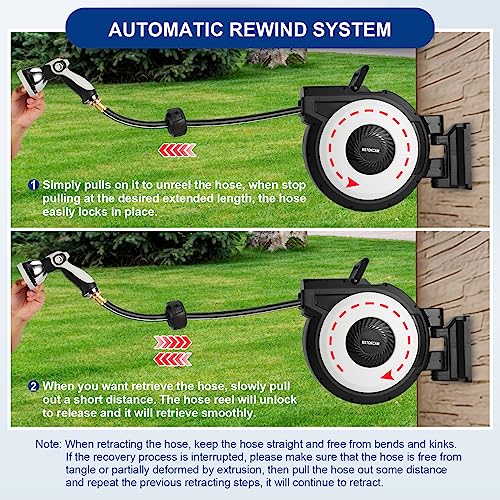 Retractable Garden Hose Reel by BSTOKCAM, 1/2" x 90 FT Hybrid Rubber Hose, Heavy Duty Water Hose Reels Automatic Rewind Storage, 10 Patterns Nozzle Included