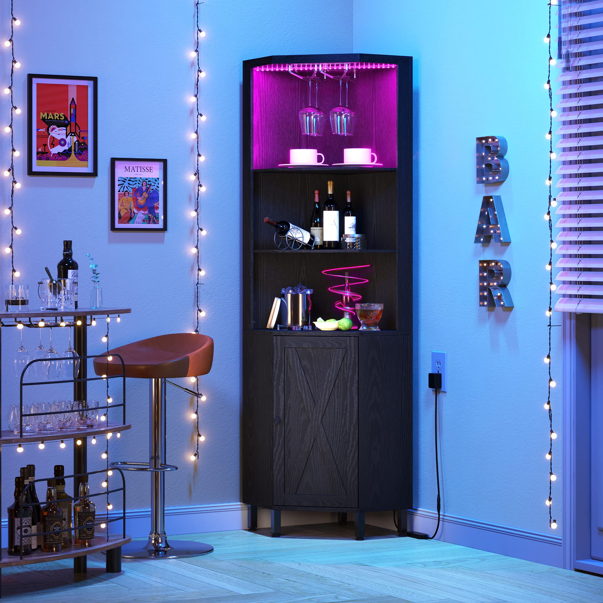 YITAHOME Corner Bar Cabinet with LED Lights & Glass Holder, 5 Tier Corner Shelf with Storage, Wine Rack Cabinet Display Shelves for Living Room, Dining Room, Kitchen, Black