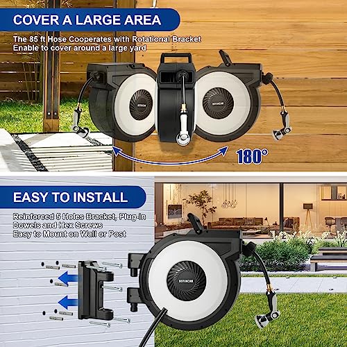 Retractable Garden Hose Reel by BSTOKCAM, 1/2" x 90 FT Hybrid Rubber Hose, Heavy Duty Water Hose Reels Automatic Rewind Storage, 10 Patterns Nozzle Included