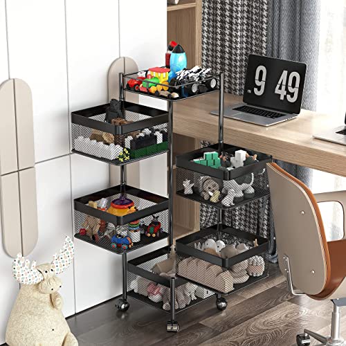 xinyourui Rotating Kitchen Storage Shelves Rack，Bathroom Organizer Metal Shelf，Fruit Basket for Kitchen，Rolling Cart with Wheels，Spice Drawer Organizer(Black, 5 Tier-Square)