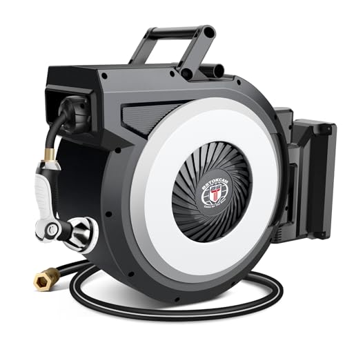 Retractable Garden Hose Reel by BSTOKCAM, 1/2" x 90 FT Hybrid Rubber Hose, Heavy Duty Water Hose Reels Automatic Rewind Storage, 10 Patterns Nozzle Included