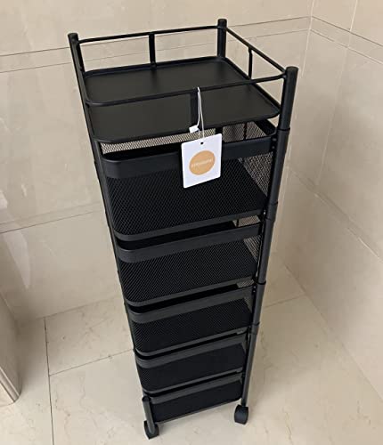 xinyourui Rotating Kitchen Storage Shelves Rack,Bathroom Organizer Metal Shelf,Fruit Basket for Kitchen,Rolling Cart with Wheels,Spice Drawer Organizer(Black, 5 Tier-Square)