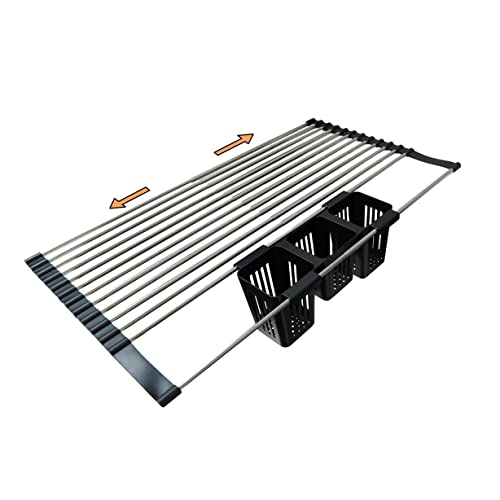 Cooktensil Roll Up Dish Drying Rack Stainless Steel Telescopic Over The Sink Drainer Extendable up to 22.8 inches (with Rectangle Basket)