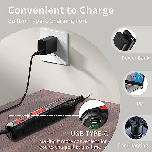 Electric Screwdriver Kit, HARDELL 4V Cordless Screwdriver Rechargeable with 36 Magnetic Bits Set, USB Charging Cable in Carrying Case, 3 LED Lights, Magnetic Hex Chuck for DIY