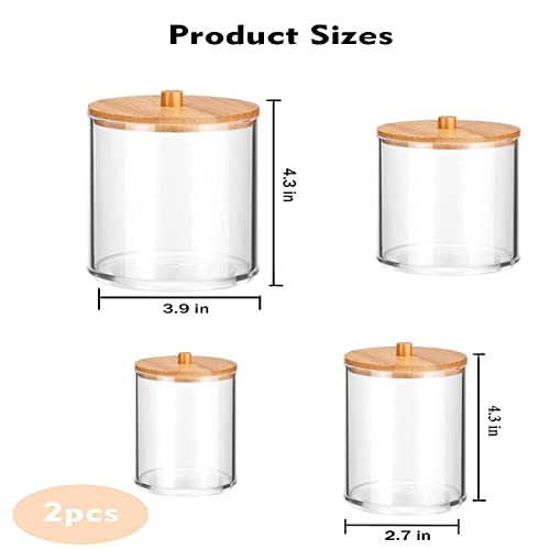 BAOFUFU 2 Pieces Acrylic Qtip Holder with Bamboo Lids, Clear Round Apothecary Jars Bathroom Organizer for Cotton Swab Ball Holds Bathroom Jars Dispenser Restroom Storage 15/20 Ounce