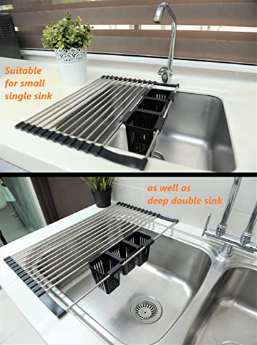 Cooktensil Roll Up Dish Drying Rack Stainless Steel Telescopic Over The Sink Drainer Extendable up to 22.8 inches (with Rectangle Basket)