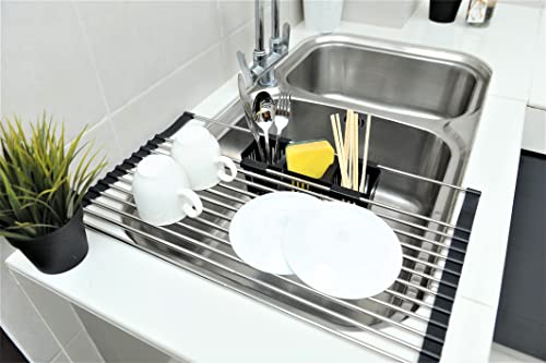 Cooktensil Roll Up Dish Drying Rack Stainless Steel Telescopic Over The Sink Drainer Extendable up to 22.8 inches (with Rectangle Basket)