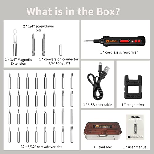 Electric Screwdriver Kit, HARDELL 4V Cordless Screwdriver Rechargeable with 36 Magnetic Bits Set, USB Charging Cable in Carrying Case, 3 LED Lights, Magnetic Hex Chuck for DIY