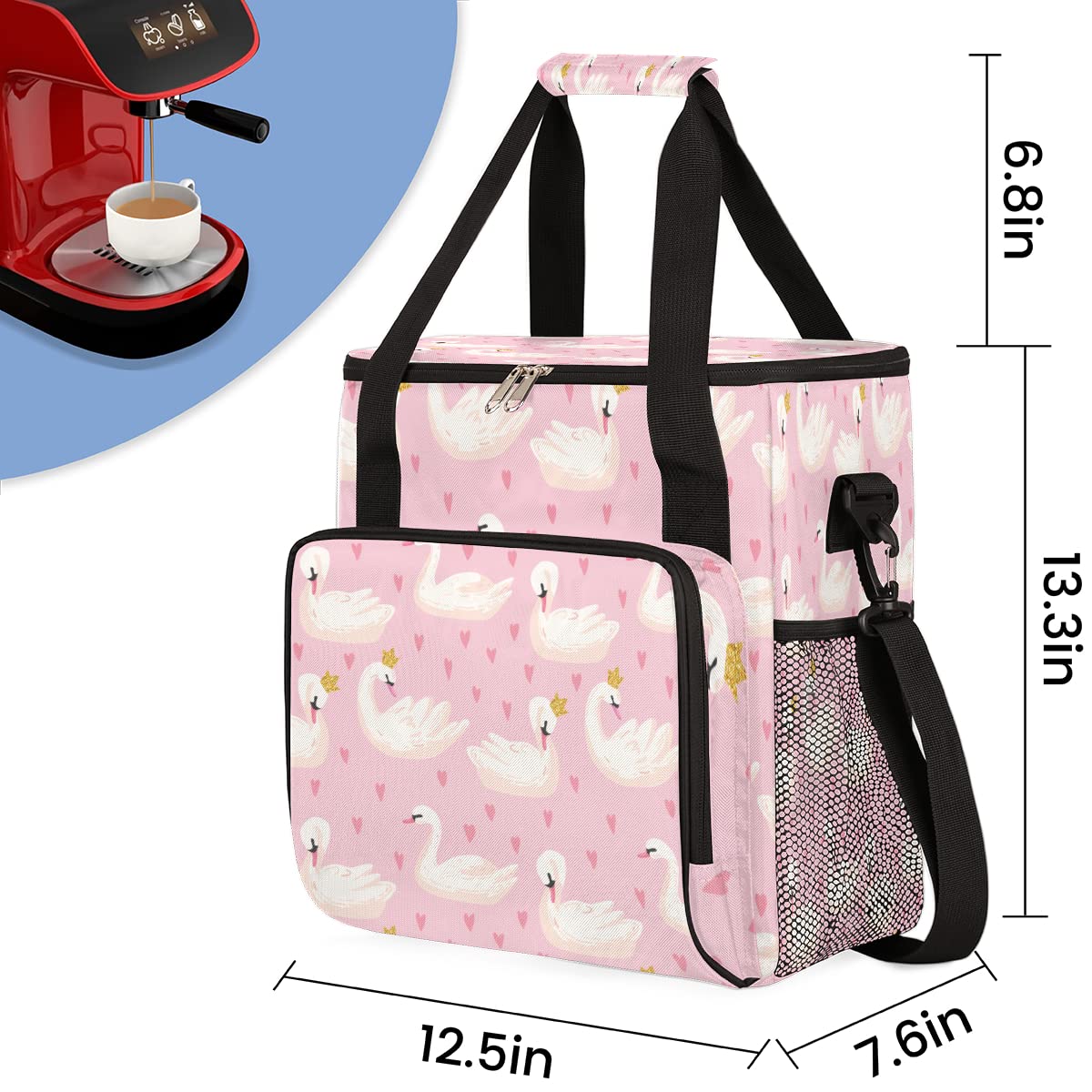 Cute Kawaii Pink Swan Coffee Maker Carring Bag Travel Storage Tote Bag Compatible with Keurig K-Mini or K-Mini Plus Portable Single Serve Coffee Brewer Case with Pockets for K-cup Pods