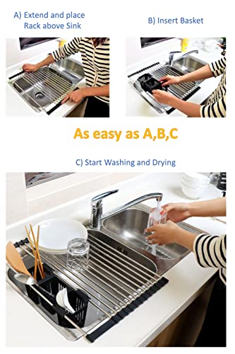 Cooktensil Roll Up Dish Drying Rack Stainless Steel Telescopic Over The Sink Drainer Extendable up to 22.8 inches (with Rectangle Basket)