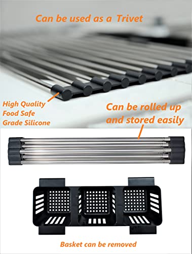 Cooktensil Roll Up Dish Drying Rack Stainless Steel Telescopic Over The Sink Drainer Extendable up to 22.8 inches (with Rectangle Basket)