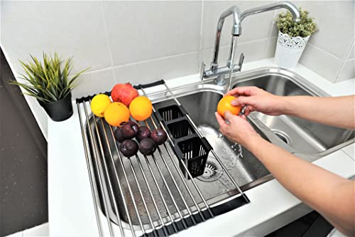 Cooktensil Roll Up Dish Drying Rack Stainless Steel Telescopic Over The Sink Drainer Extendable up to 22.8 inches (with Rectangle Basket)