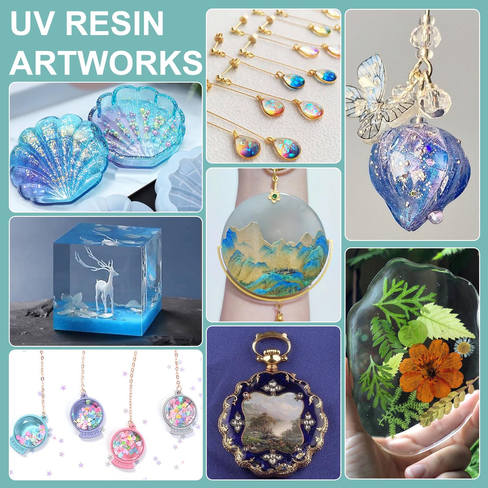 Deeteck UV Resin Kit with Light for Beginners-400g Highly Crystal Clear Hard Epoxy Resin Supplies with 200pcs Making Kit and UV Lamp, Silicone Molds for DIY Arts and Crafts, Fast Curing for Making