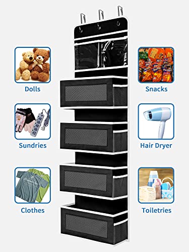 JARLINK 2 Pack 5-Shelf Over Door Hanging Organizer, Foldable Wall Mount 4 Big Pocket Storage with PVC Clear Window, Large Capacity Storage for Bedroom, Kitchen, Cosmetics, Toys, Sundries, etc (Black)