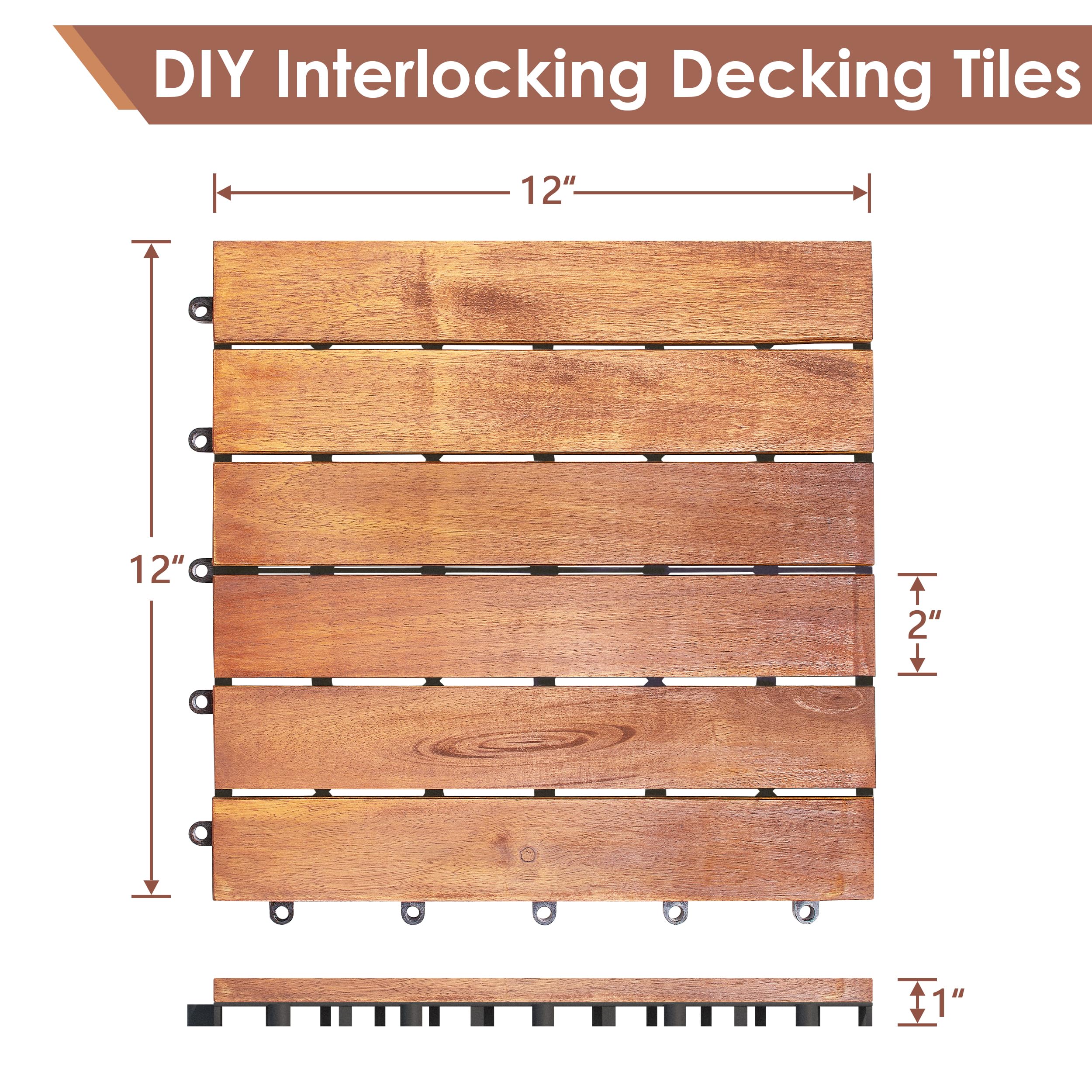 PrimeZone 27 PCS Solid Acacia Wood Interlocking Patio Deck Tiles - 12" x 12" Indoor Outdoor Waterproof Flooring Tiles for Balcony, Backyard, Garden & Poolside, All Weather Use, Natural Wood