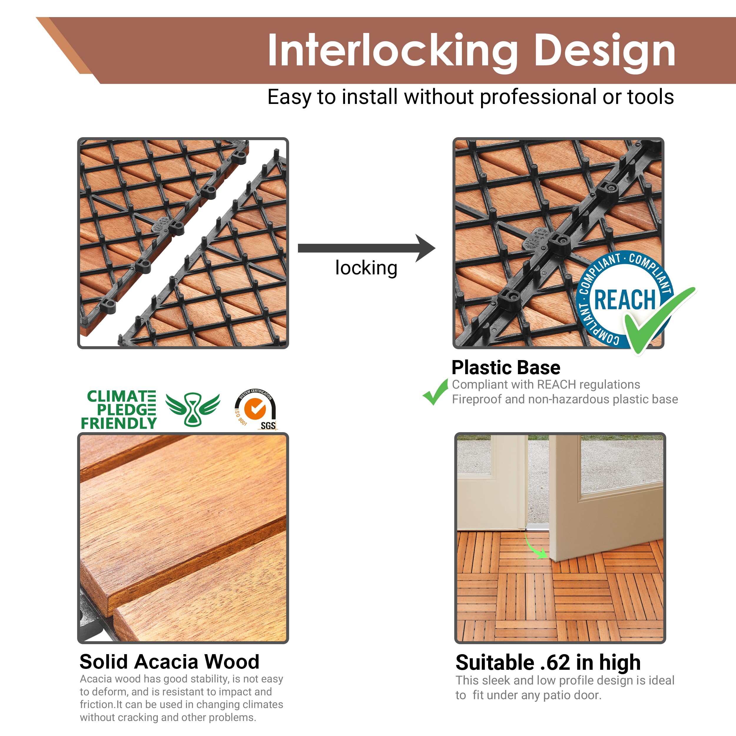PrimeZone 27 PCS Solid Acacia Wood Interlocking Patio Deck Tiles - 12" x 12" Indoor Outdoor Waterproof Flooring Tiles for Balcony, Backyard, Garden & Poolside, All Weather Use, Natural Wood