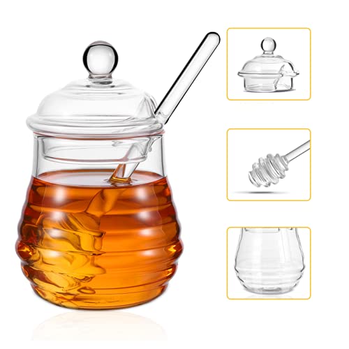 Honey jars ,Honey Jarďźwith Dipper and Lid Glass Honey Bee Pot, , Clearďź15.2oz Glass Beehive Honey Pot for Home Kitchen glass honey pot