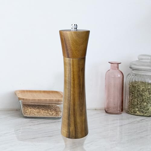 Artmujohn 8" Acacia wooden pepper Grinder,Wood Handicrafts Mills Shakers,Adjustable Ceramic Rotor Pepper Grinder,Refillable spice grinders,Minimalist style salt and pepper Grinder