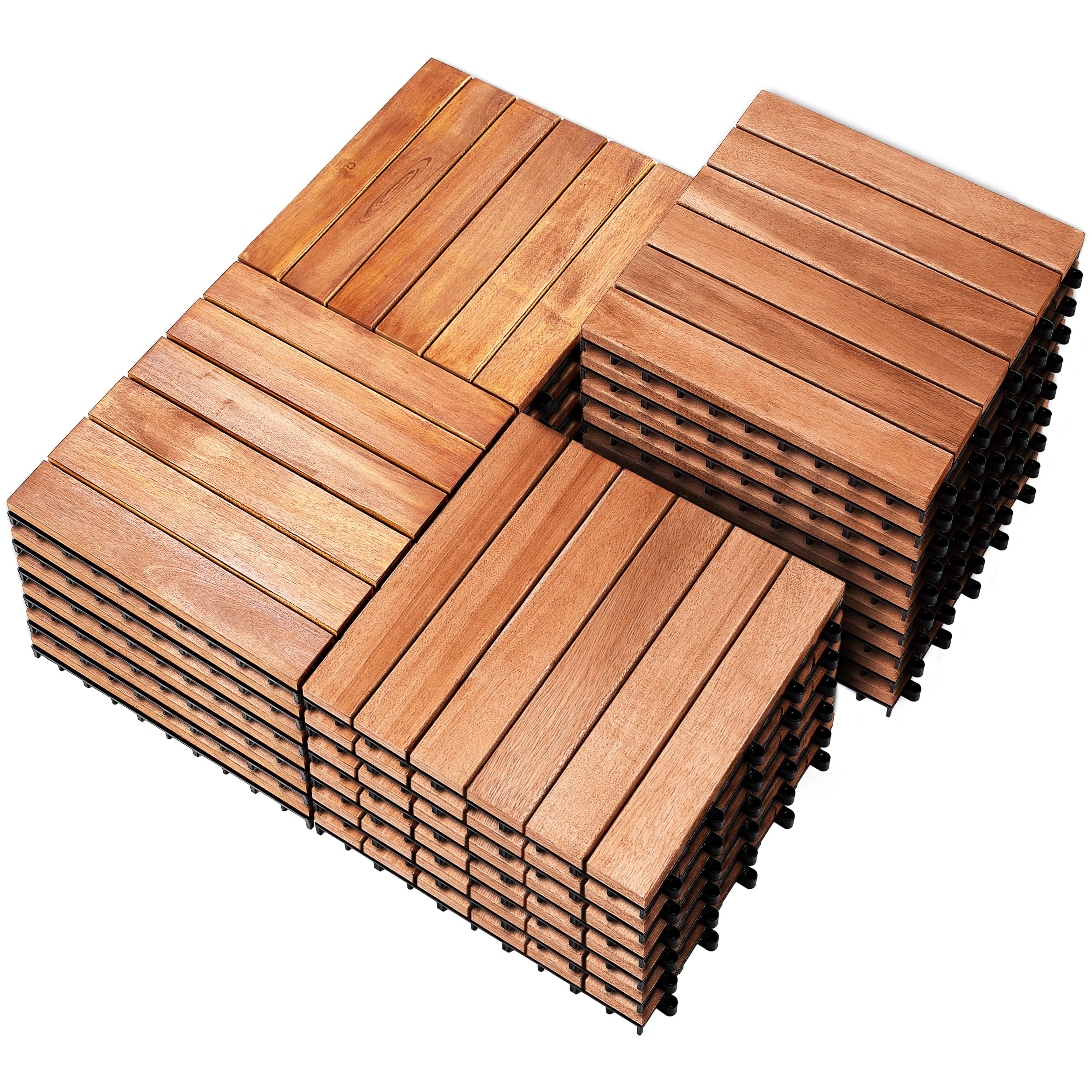 PrimeZone 27 PCS Solid Acacia Wood Interlocking Patio Deck Tiles - 12" x 12" Indoor Outdoor Waterproof Flooring Tiles for Balcony, Backyard, Garden & Poolside, All Weather Use, Natural Wood