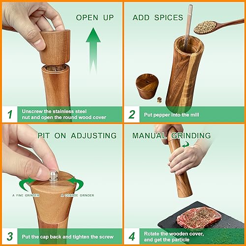 Artmujohn 8" Acacia wooden pepper Grinder,Wood Handicrafts Mills Shakers,Adjustable Ceramic Rotor Pepper Grinder,Refillable spice grinders,Minimalist style salt and pepper Grinder