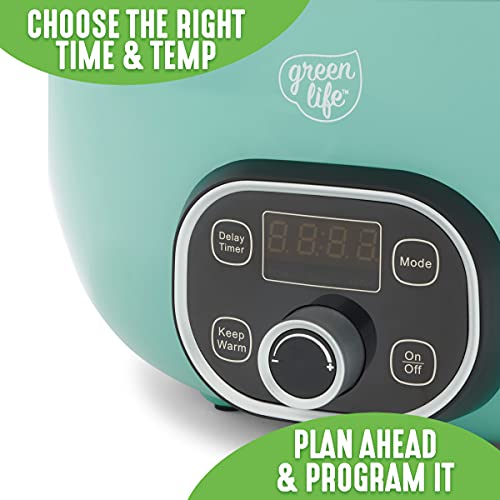 GreenLife Cook Duo Healthy Ceramic Nonstick 6QT Slow Cooker, PFAS-Free, Digital Timer, Dishwasher Safe Parts, Turquoise