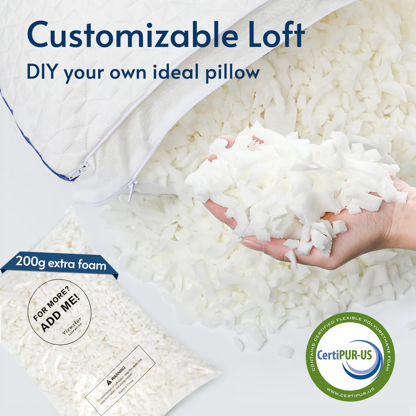 viewstar Shredded Memory Foam Pillows Queen Size Set of 2, Adjustable Firm Pillows for Side Back Stomach Sleepers, Bed Pillows with Washable Removable Cover 19"x 28"