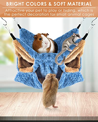 TINDTOP Small Animals Hammock, Ferret Sugar Glider Triple Bunk Bed Cage Warm Plush Hanging Hammock Bed Hideout for Hamster Guinea Pig Rat Ferret Chinchilla (Grey + Blue)