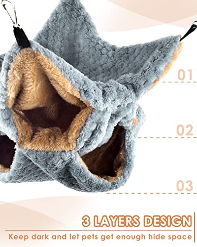 TINDTOP Small Animals Hammock, Ferret Sugar Glider Triple Bunk Bed Cage Warm Plush Hanging Hammock Bed Hideout for Hamster Guinea Pig Rat Ferret Chinchilla (Grey + Blue)