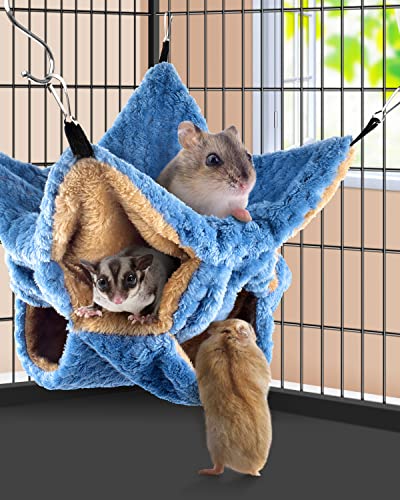 TINDTOP Small Animals Hammock, Ferret Sugar Glider Triple Bunk Bed Cage Warm Plush Hanging Hammock Bed Hideout for Hamster Guinea Pig Rat Ferret Chinchilla (Grey + Blue)