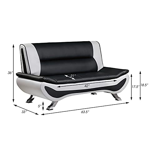 Lexicon Arques Two Tone Faux Leather Living Room Love Seat, 63.5" W, Black and White