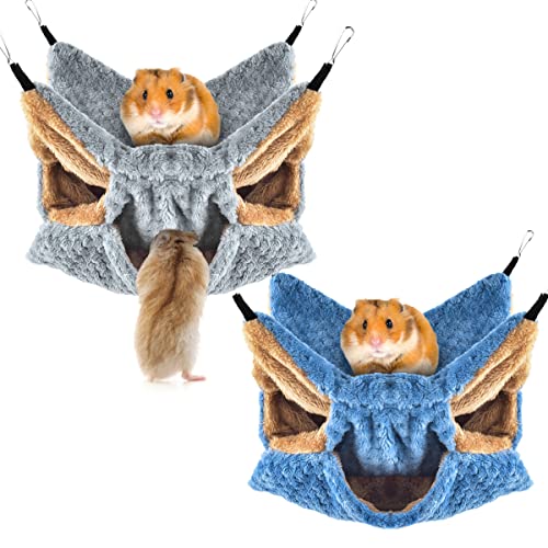 TINDTOP Small Animals Hammock, Ferret Sugar Glider Triple Bunk Bed Cage Warm Plush Hanging Hammock Bed Hideout for Hamster Guinea Pig Rat Ferret Chinchilla (Grey + Blue)