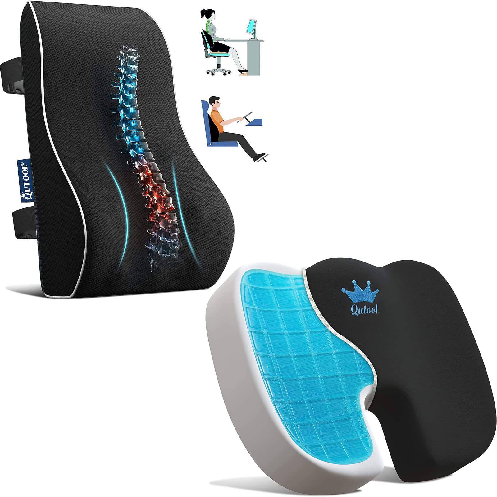 QUTOOL Lumbar Support Pillow&Gel Seat Cushion