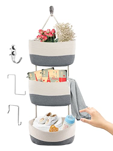 Over the Door Organizer, Honizer Hanging Baskets for Organizing, 3 Tier Over the Door Storage for Nursery Storage, Living Room, RV, Bedroom, Bathroom Storage- Grey&White (3 Hooks included)