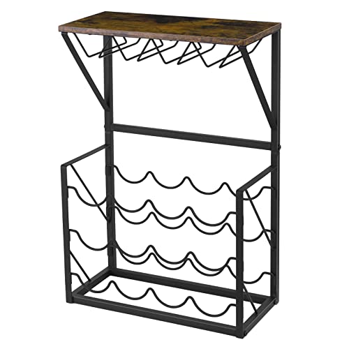 MOOACE Wood Wine Rack, Countertop Wine Storage Stand, Hold 12 Wine Bottles and 8 Glasses, Freestanding Wine Holder Stand for Kitchen, Pantry, Cellar, Bar