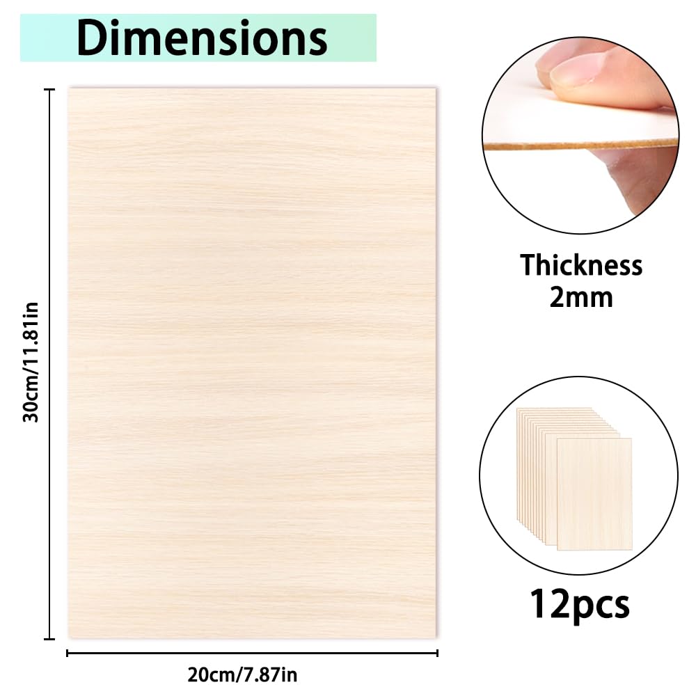 DIYDEC 12 Pack Basswood Sheets 12 x 8 x 1/13 Inch Thin Plywood Wood Sheets Unfinished Wood Squares Boards Balsa Wood Sheets for Crafts Architectural Models Laser Cutting Wood Burning and Drawing