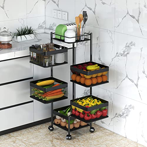 xinyourui Rotating Kitchen Storage Shelves Rack,Bathroom Organizer Metal Shelf,Fruit Basket for Kitchen,Rolling Cart with Wheels,Spice Drawer Organizer(Black, 5 Tier-Square)