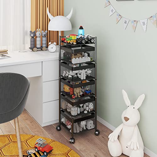 xinyourui Rotating Kitchen Storage Shelves Rack,Bathroom Organizer Metal Shelf,Fruit Basket for Kitchen,Rolling Cart with Wheels,Spice Drawer Organizer(Black, 5 Tier-Square)