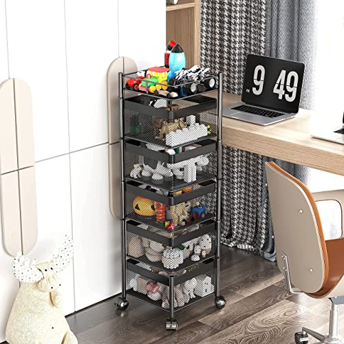 xinyourui Rotating Kitchen Storage Shelves Rack,Bathroom Organizer Metal Shelf,Fruit Basket for Kitchen,Rolling Cart with Wheels,Spice Drawer Organizer(Black, 5 Tier-Square)